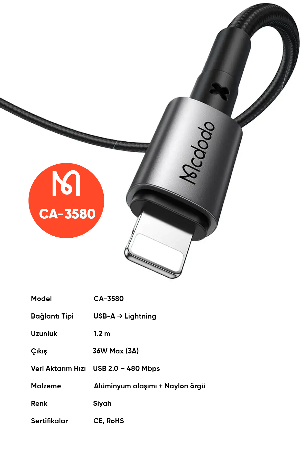 CA-3580 Usb-A To Lightning Şarj ve Veri Aktarım Kablosu - Siyah 1.2M