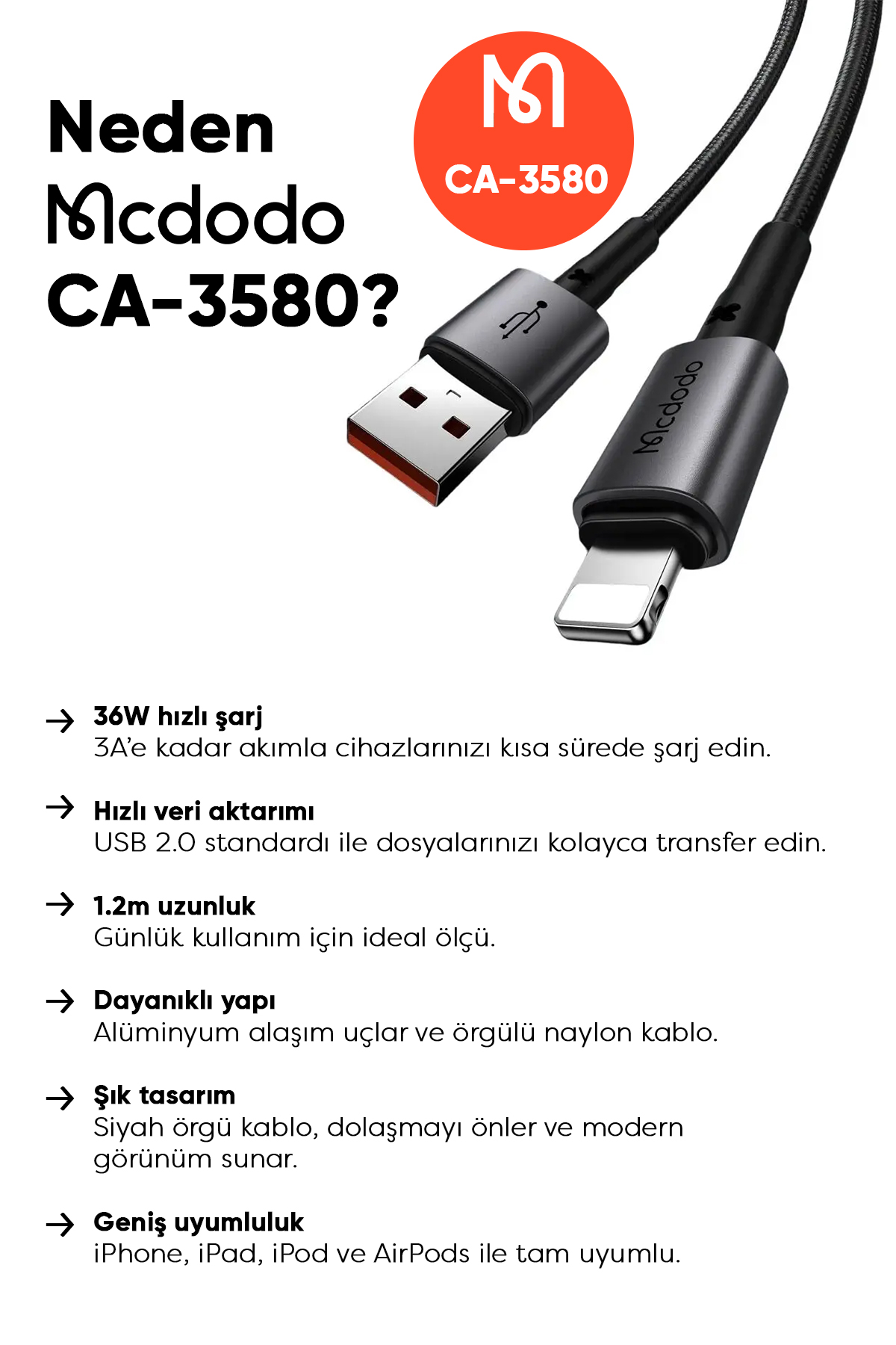 CA-3580 Usb-A To Lightning Şarj ve Veri Aktarım Kablosu - Siyah 1.2M