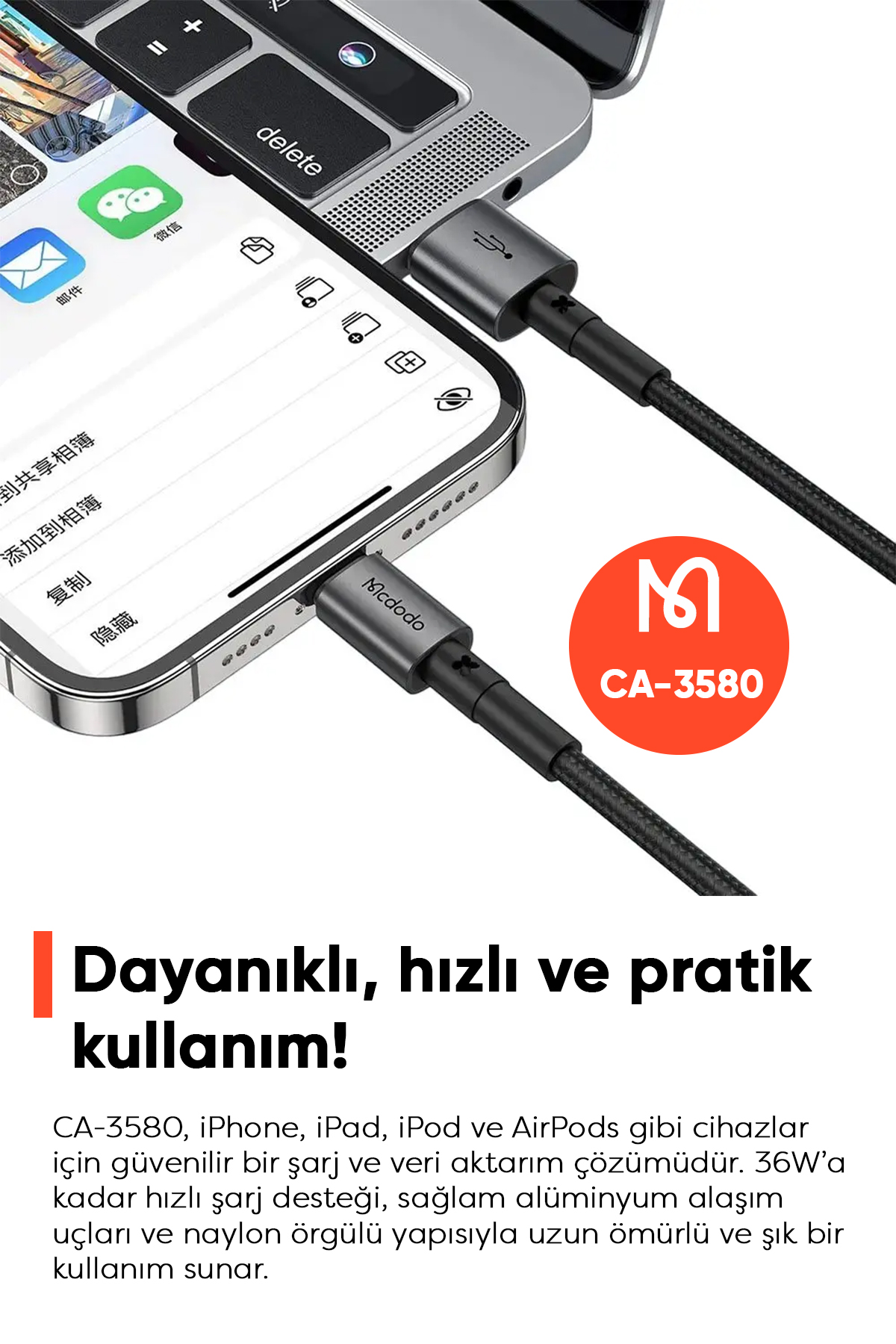 CA-3580 Usb-A To Lightning Şarj ve Veri Aktarım Kablosu - Siyah 1.2M